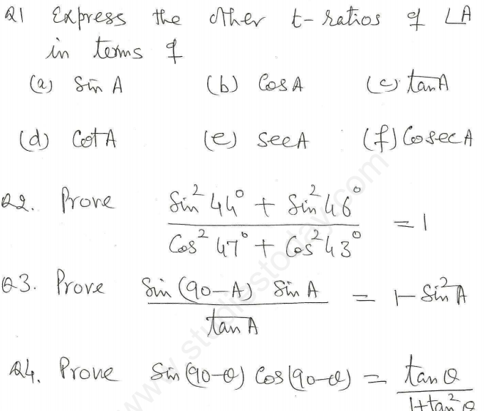 CBSE Class 10 Mathematics Trigonometry Assignment Set V CBSE Class 10 Mathematics Trigonometry Assignment Set V
